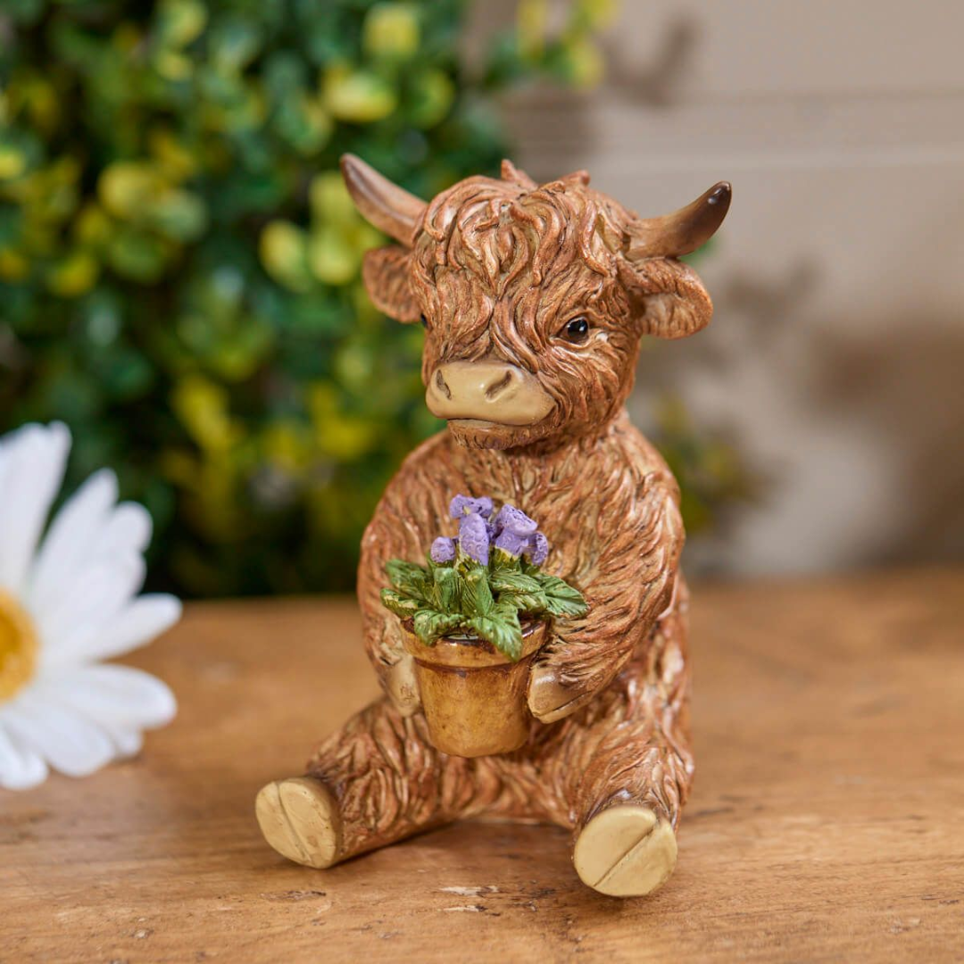 Highland Cow with Purple Flowers in Plant Pot Resin Ornament — Flory's Online