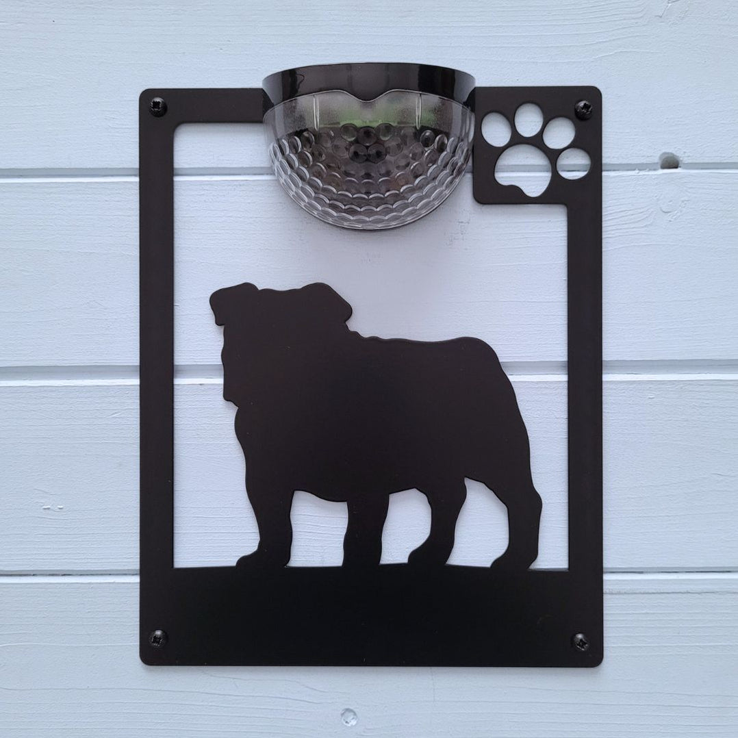 English Bulldog Solar-Powered LED Light Wall Shed Plaque — Flory's Online